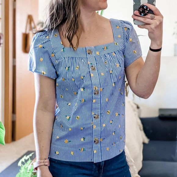 J. Crew | Tops | Jcrew Lemon Print Squareneck Cotton Pinstripe Blouse ...